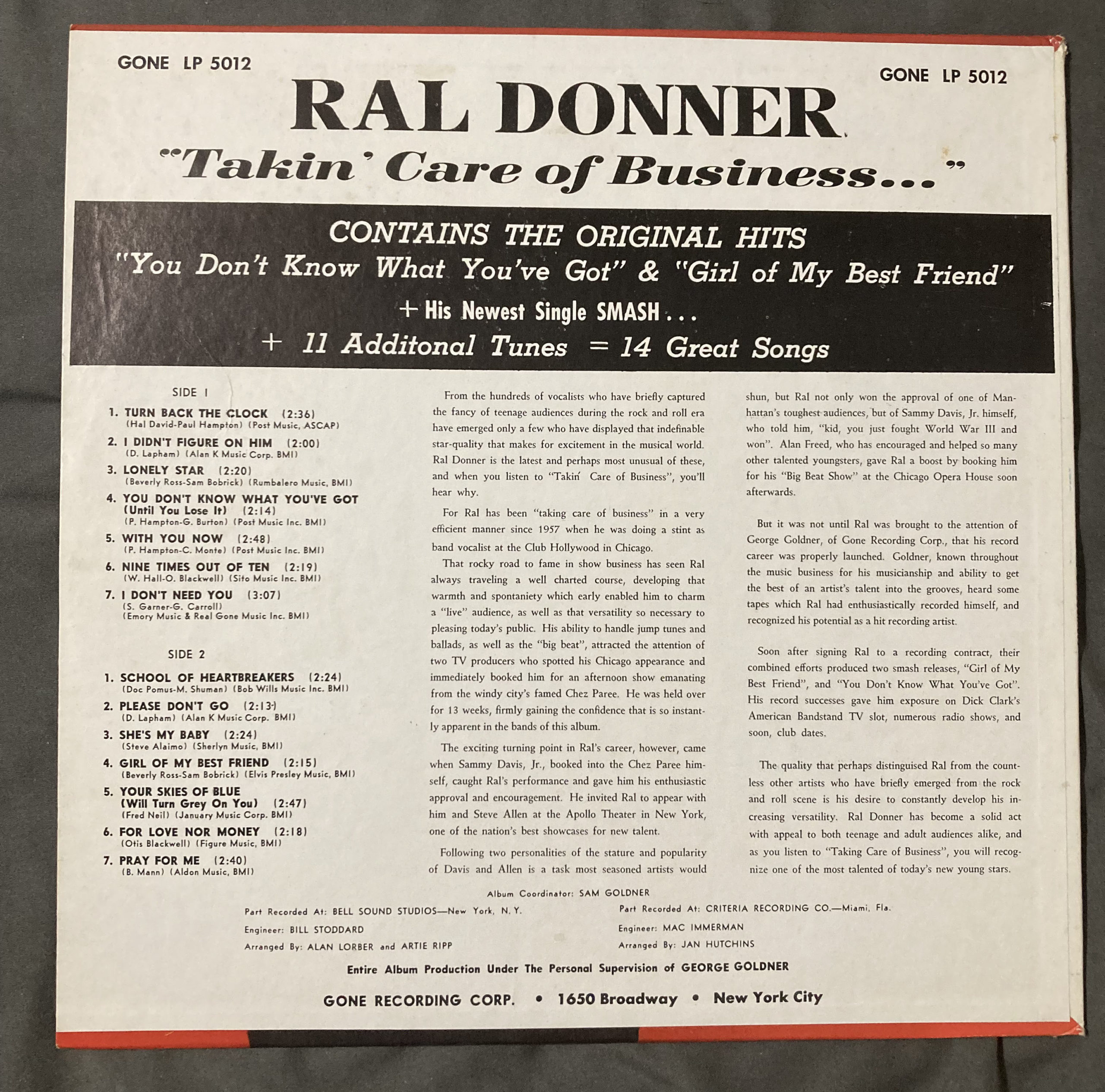 Ral Donner Takin' Care of Business - Hox Box Records Ral Donner Takin' Care of Business - Hox Box Records